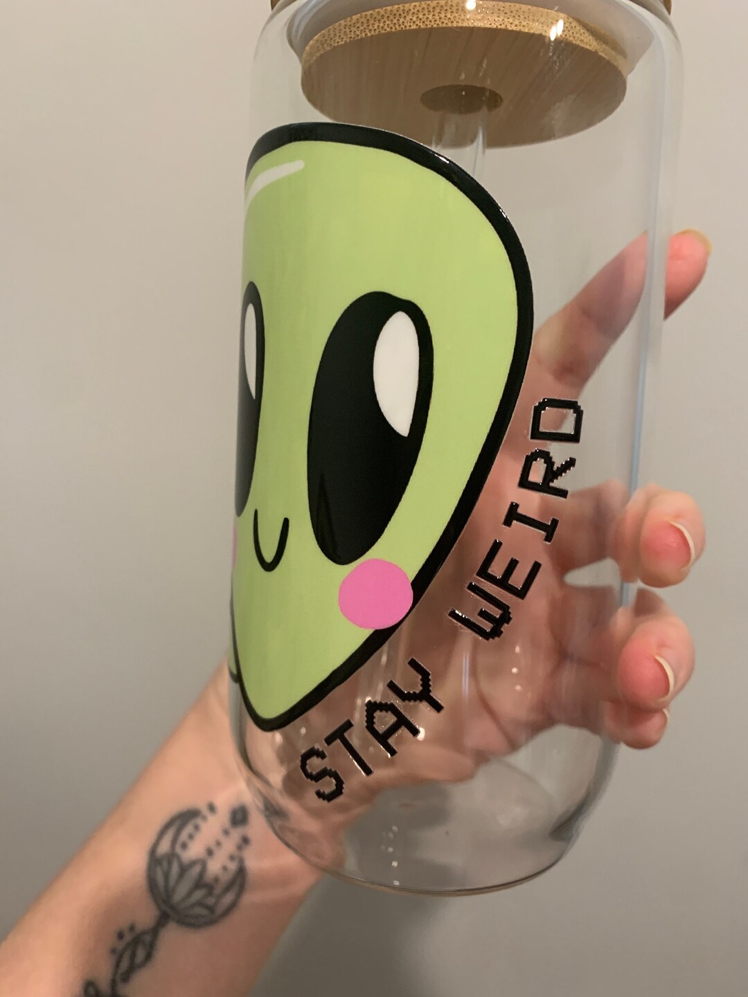 16oz Glass Cup Stay Weird Handmade With Glass Straw and Bamboo Lid Cute ...