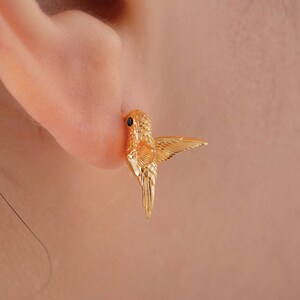 Hummingbird Earrings in Gold Vermeil With Gemstone Eyes. Bird Earrings ...