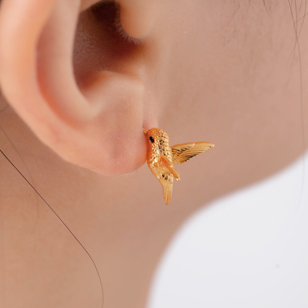 Hummingbird Earrings in Gold Vermeil With Gemstone Eyes. Bird Earrings ...
