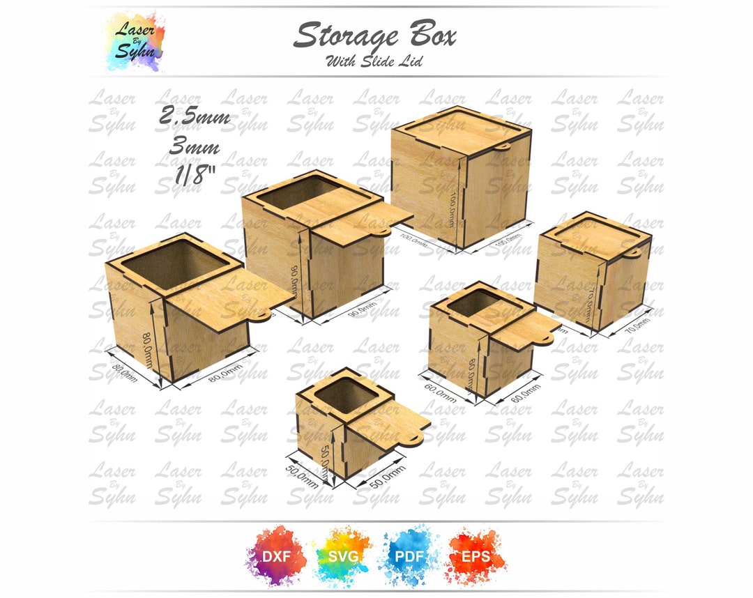 Laser Cut Cube Boxes With Slide Lid SVG, Plywood Cube Storage Boxes SVG ...