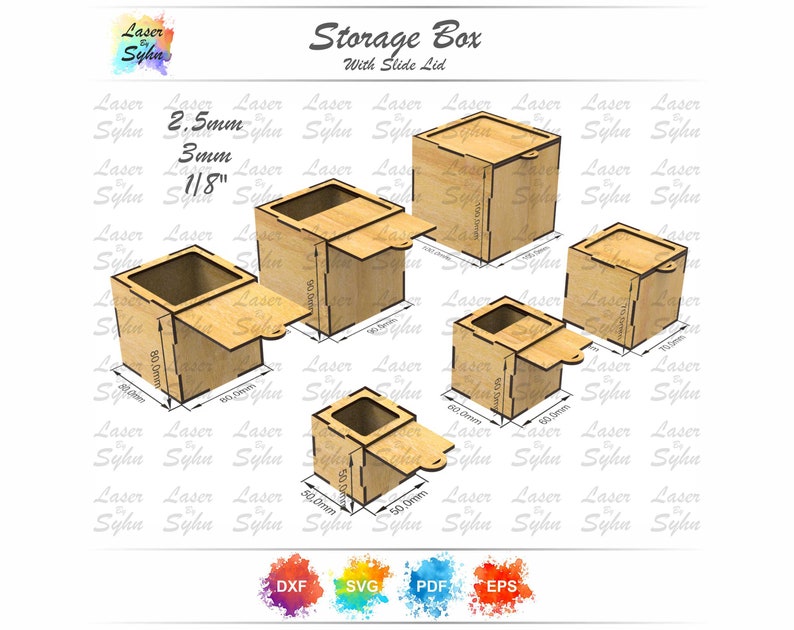 Laser Cut Cube Boxes With Slide Lid SVG, Plywood Cube Storage Boxes SVG ...