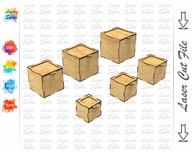 Laser Cut Cube Boxes With Slide Lid SVG, Plywood Cube Storage Boxes SVG ...