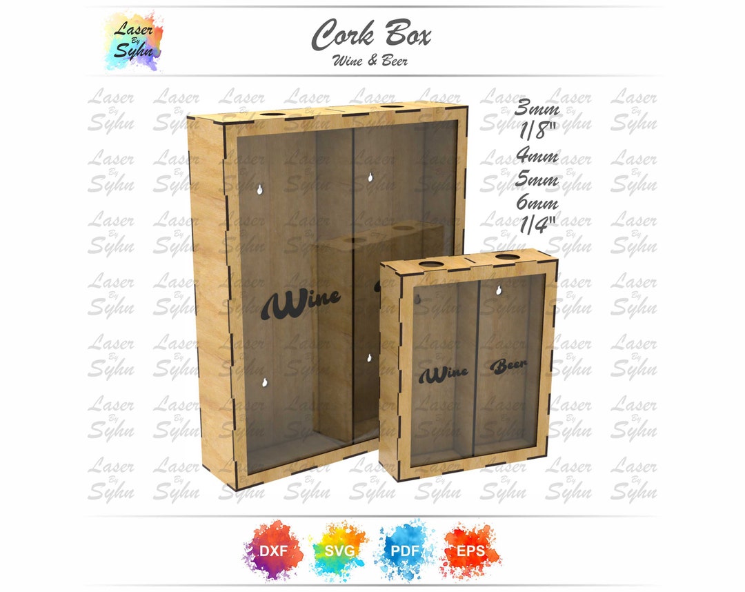 Laser Cut Wall Hangig Wine Cork Box SVG, Two Compartment Bottle Cap Box ...