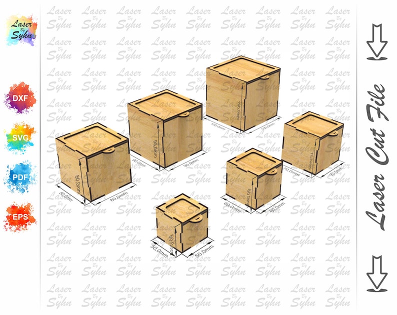 Laser Cut Cube Boxes With Slide Lid SVG, Plywood Cube Storage Boxes SVG ...