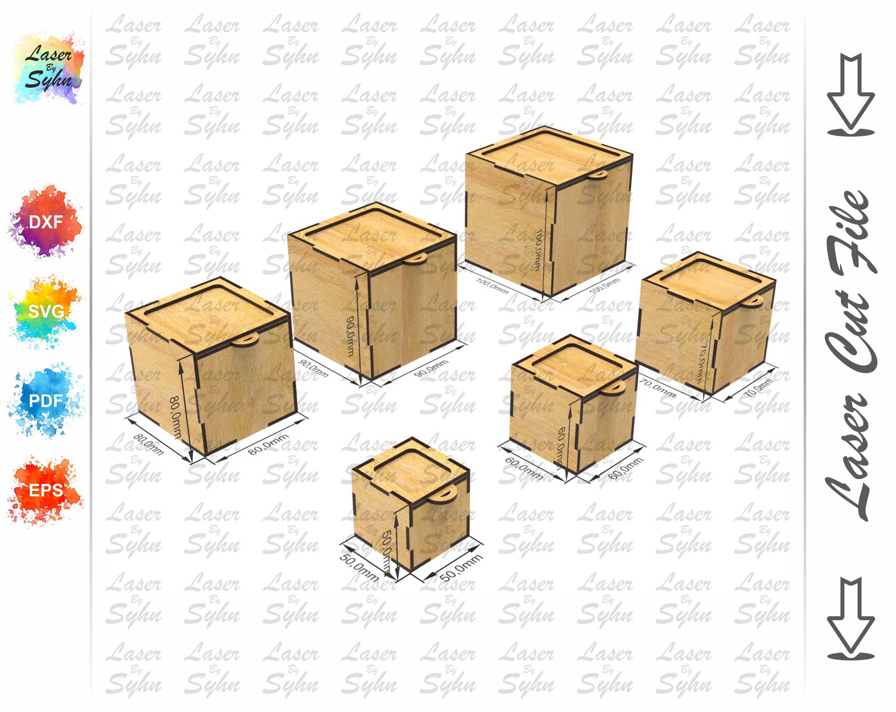 Laser Cut Cube Boxes With Slide Lid SVG, Plywood Cube Storage Boxes SVG ...