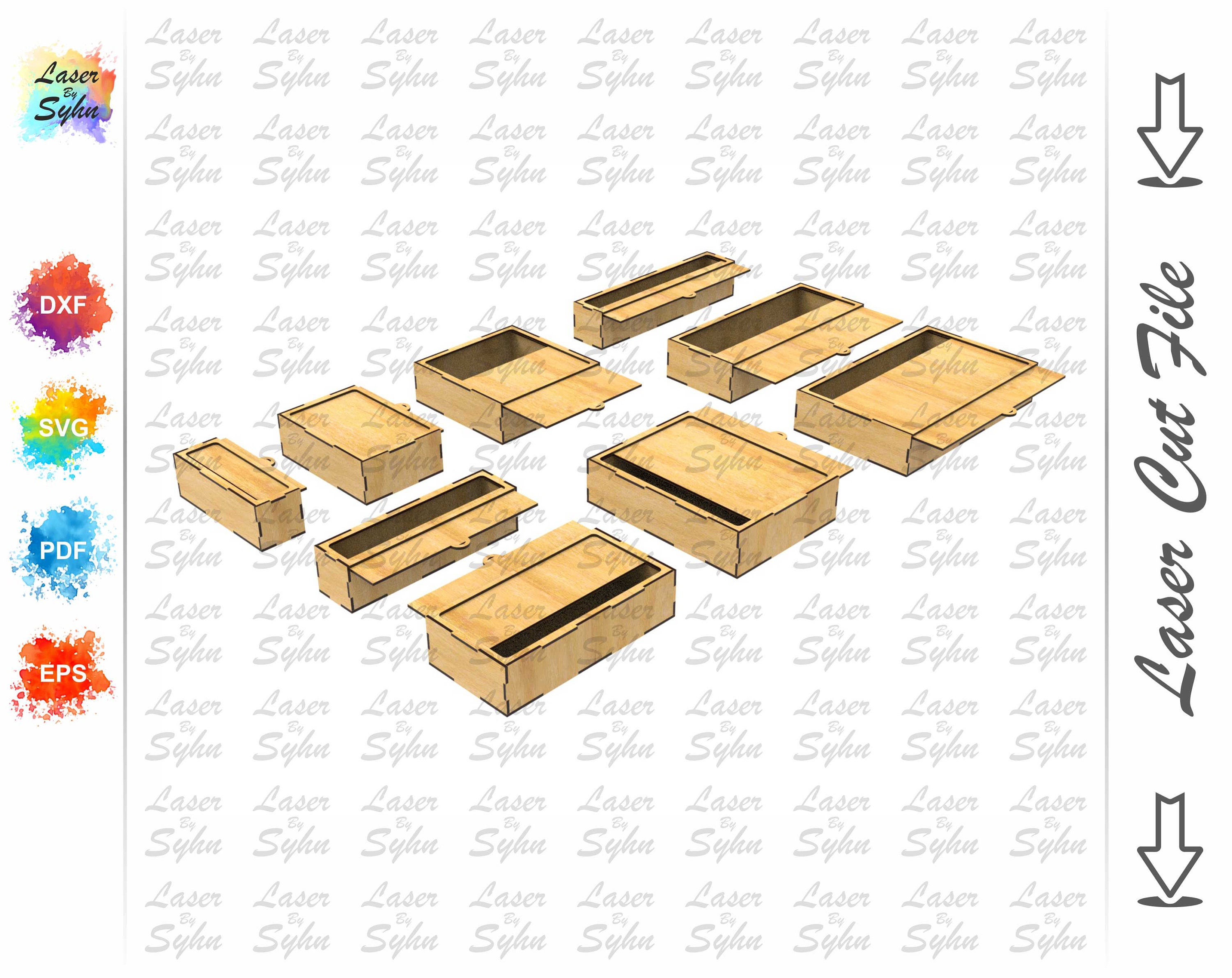 Laser Cut 5cm High Jewelry Boxes SVG, 9 Different Size Boxes With Slide ...