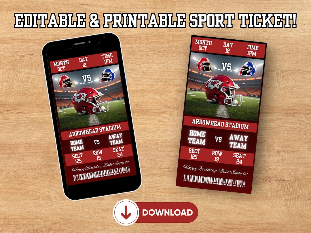 Football Game Ticket, Birthday Football Gift, Printable Football Ticket ...