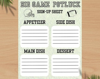 Football Potluck Sign up Sheet, Big Game Menu, Potluck Sign up Form ...