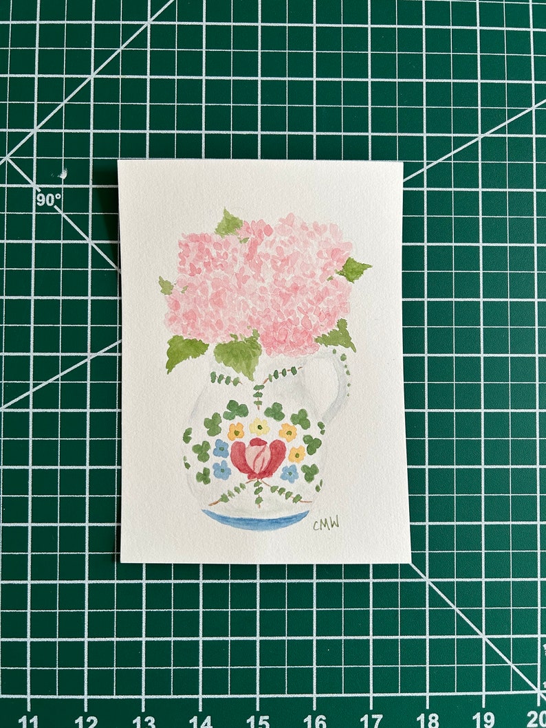 Pink Hydrangeas in Ivy Pattern Pitcher 5x7 Original Watercolor - Etsy