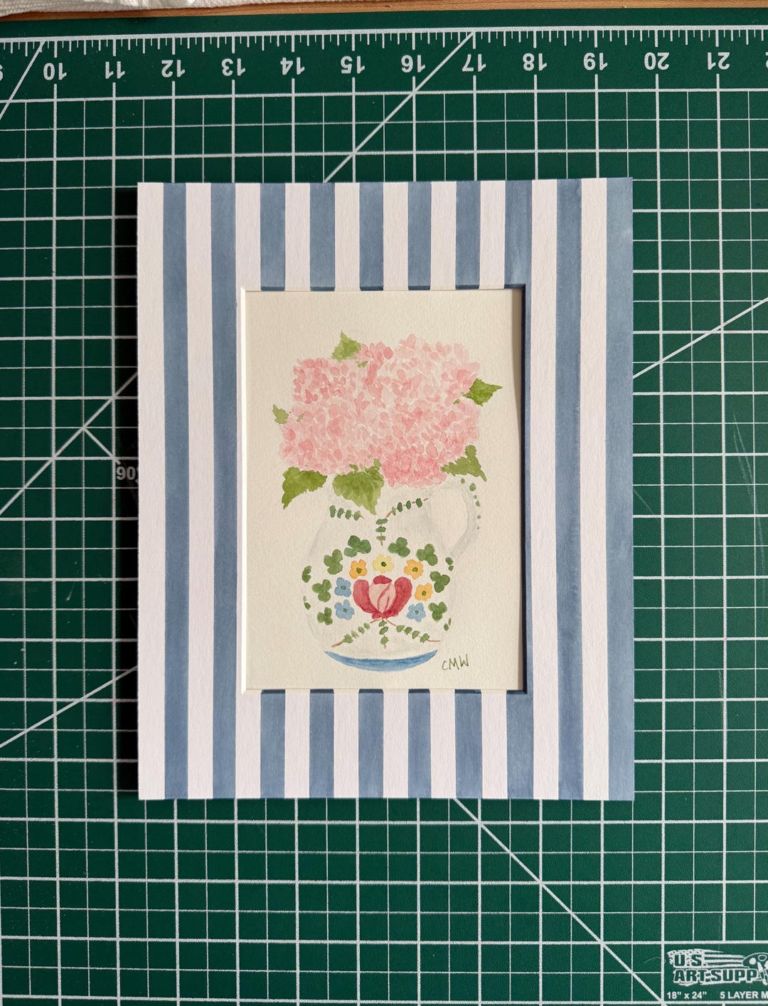 5x7 Pink Hydrangeas in Ivy Pattern Pitcher Original Watercolor - Etsy