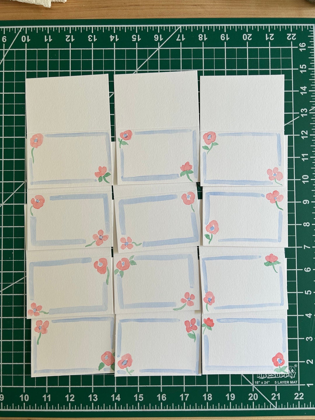 Set of 12 Place Cards, Pink Floral With Blue Border - Etsy