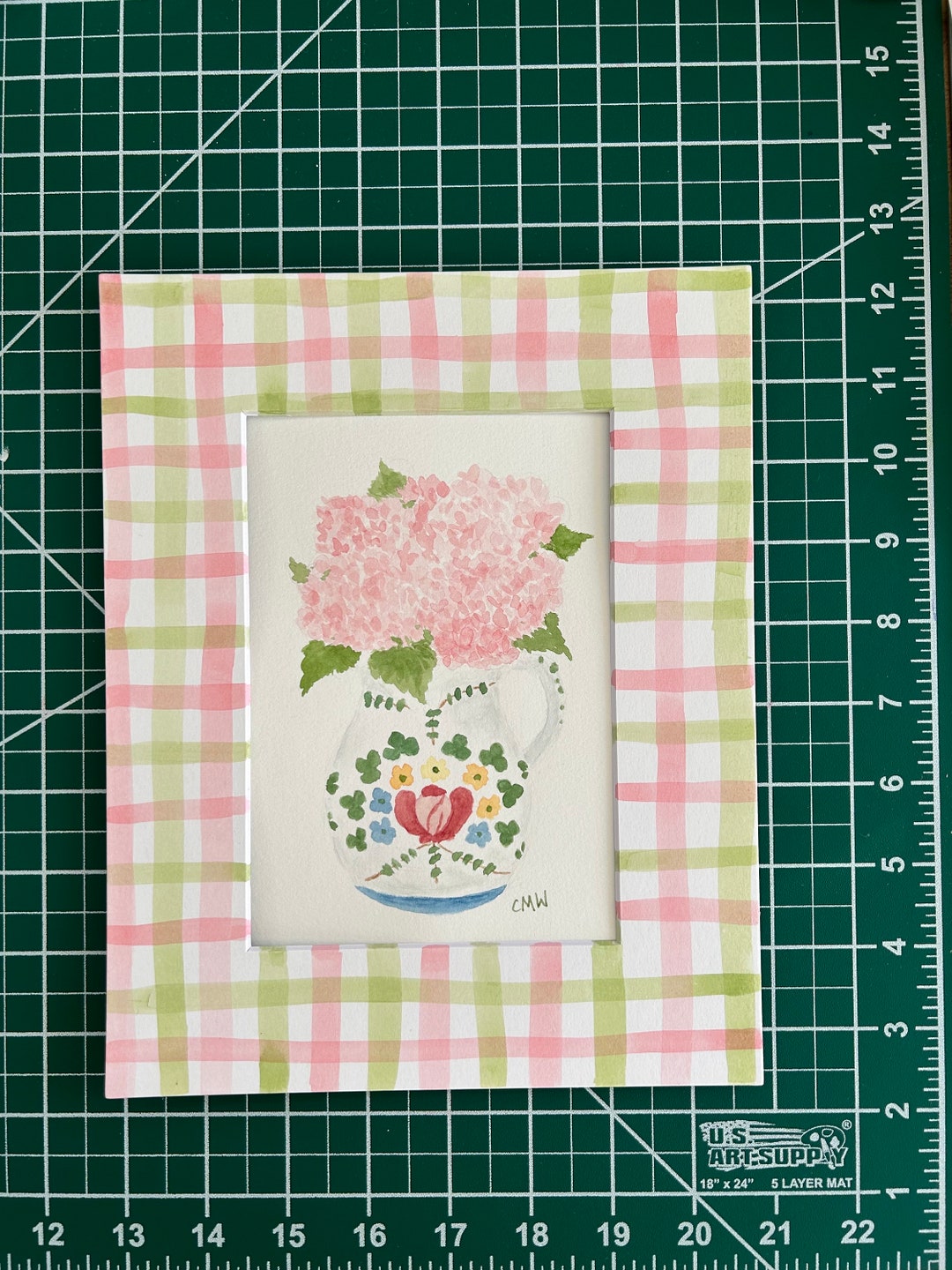Pink Hydrangeas in Ivy Pattern Pitcher 5x7 Original Watercolor - Etsy
