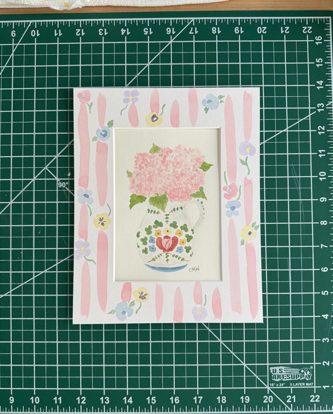 5x7” Pink Hydrangeas in Ivy Pattern Pitcher- Original Watercolor - Etsy