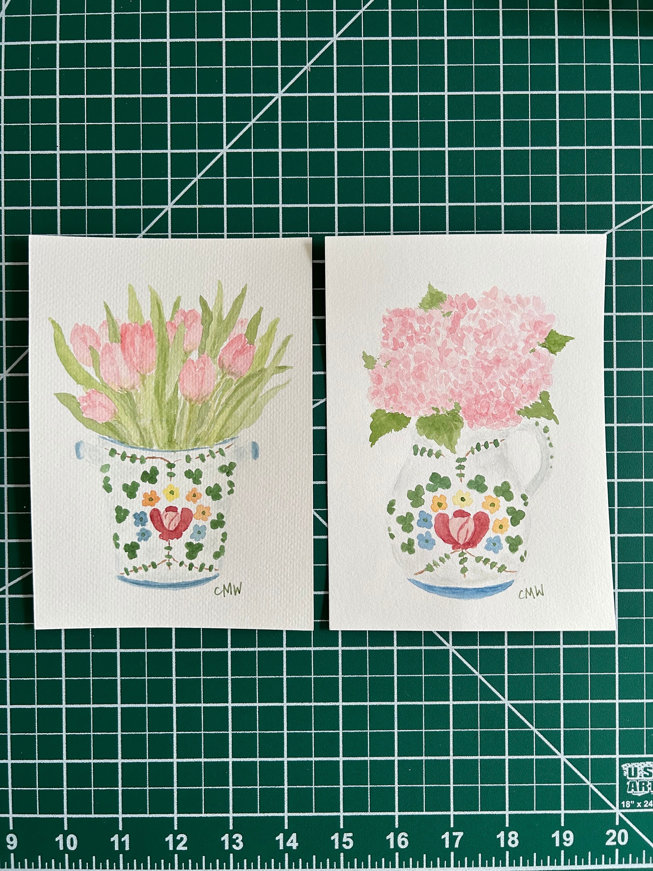 Pink Hydrangeas in Ivy Pattern Pitcher 5x7 Original Watercolor - Etsy