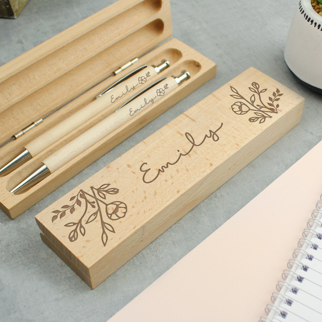 Personalized Wooden Pen & Pencil Box Set: Floral Engraved Beechwood - Etsy