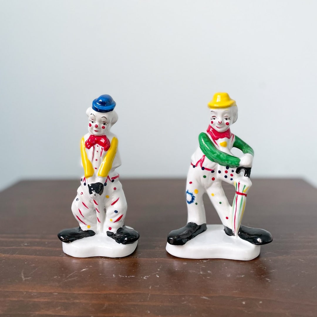 Vintage Ceramic Clown Figurines Set of 2 W/ Cane and Umbrella Porcelain ...