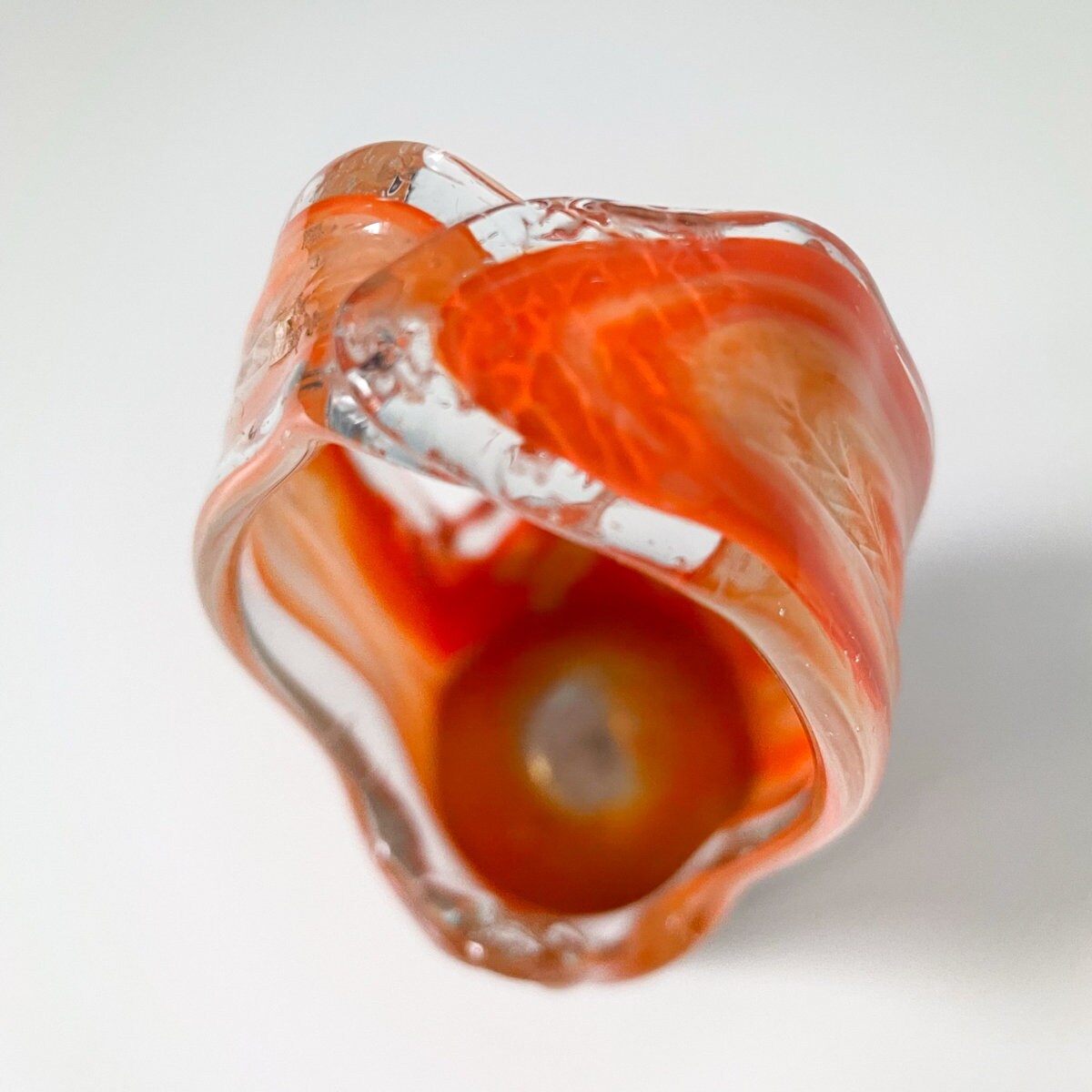Vintage Hand Blown Small Italian Style Art Glass Basket Vase W Orange And White Swirls Mid