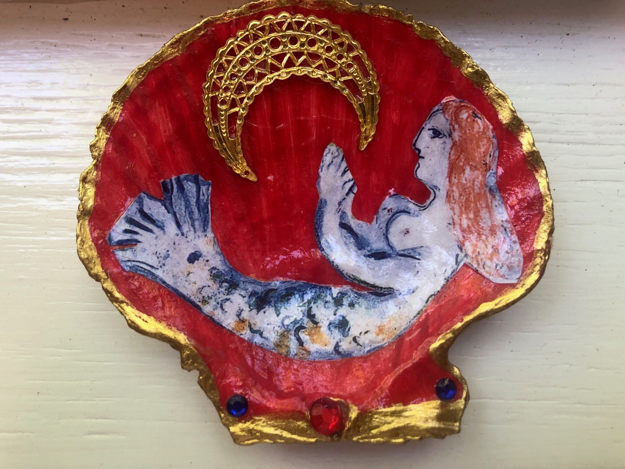 Adorned Mermaids, Chagall, Decoupage Large 4.5" Scallop Shell, Ring or ...