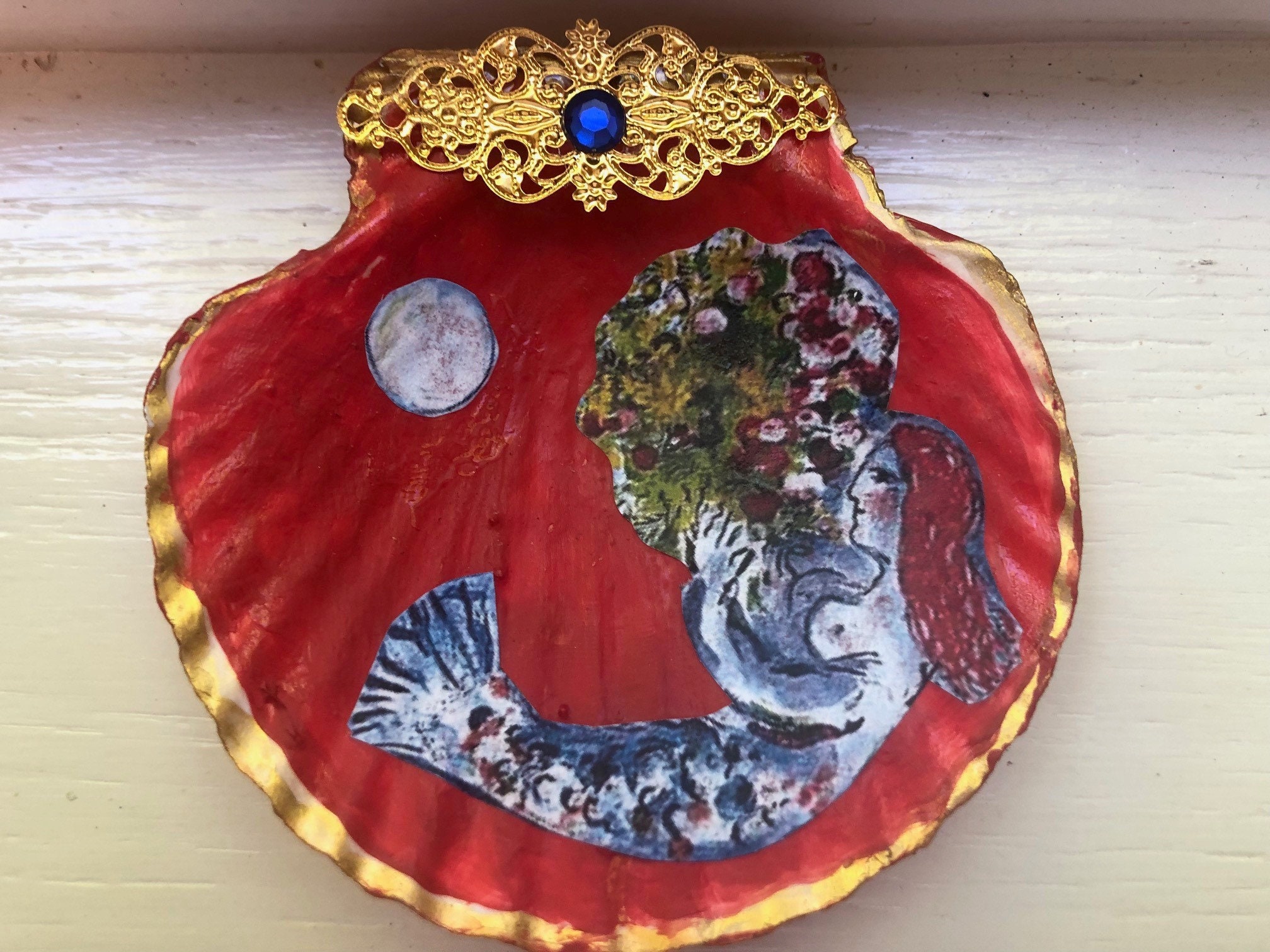Adorned Mermaids, Chagall, Decoupage Large 4.5" Scallop Shell, Ring or ...