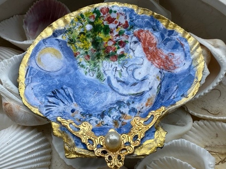 Adorned Mermaids, Chagall, Decoupage Large 4.5" Scallop Shell, Ring or ...