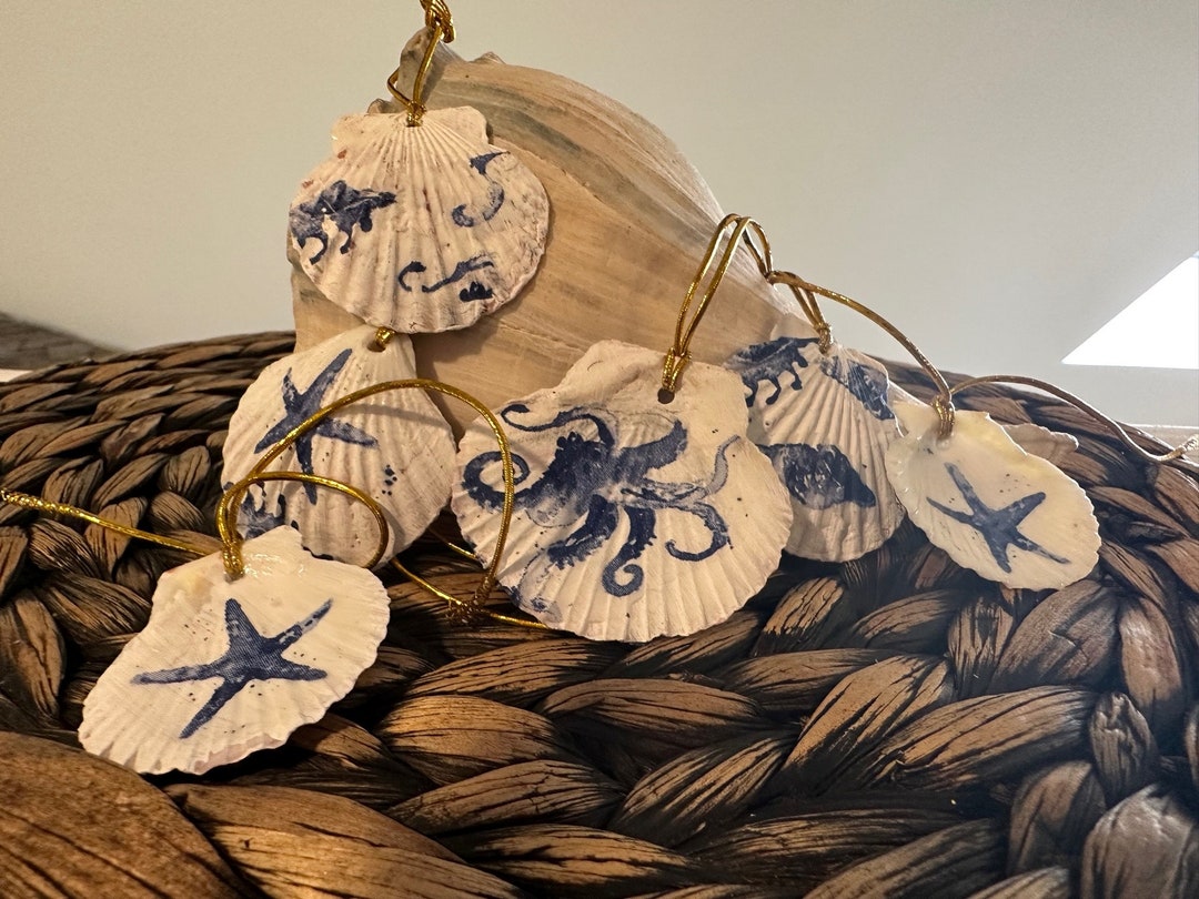 Set of 6 Decoupage Small Scallop Shell Ornaments, Blue & White Coastal Theme, Christmas ...