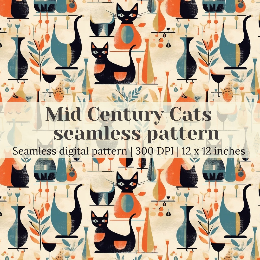 Mid Century Geometric Cat Seamless Pattern for Fabric, Digital Paper ...