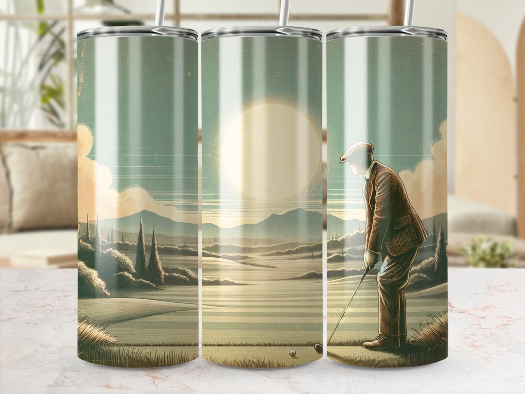 Vintage Golfer Art Tumbler, Retro Golf Player Illustration, Sunset ...