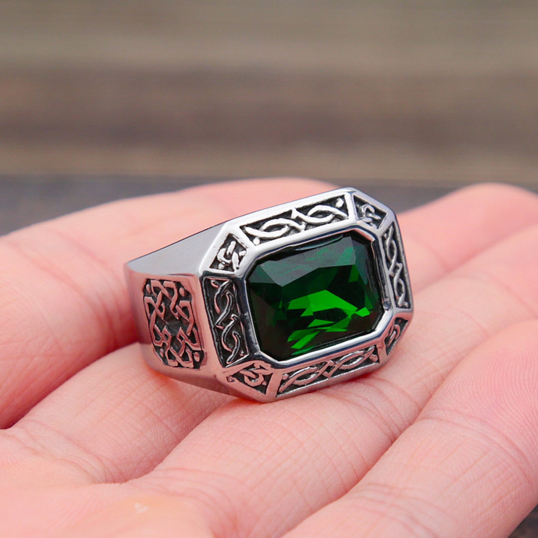 Creative Square Green Stone Ring for Men Ring for Women Stainless Steel ...