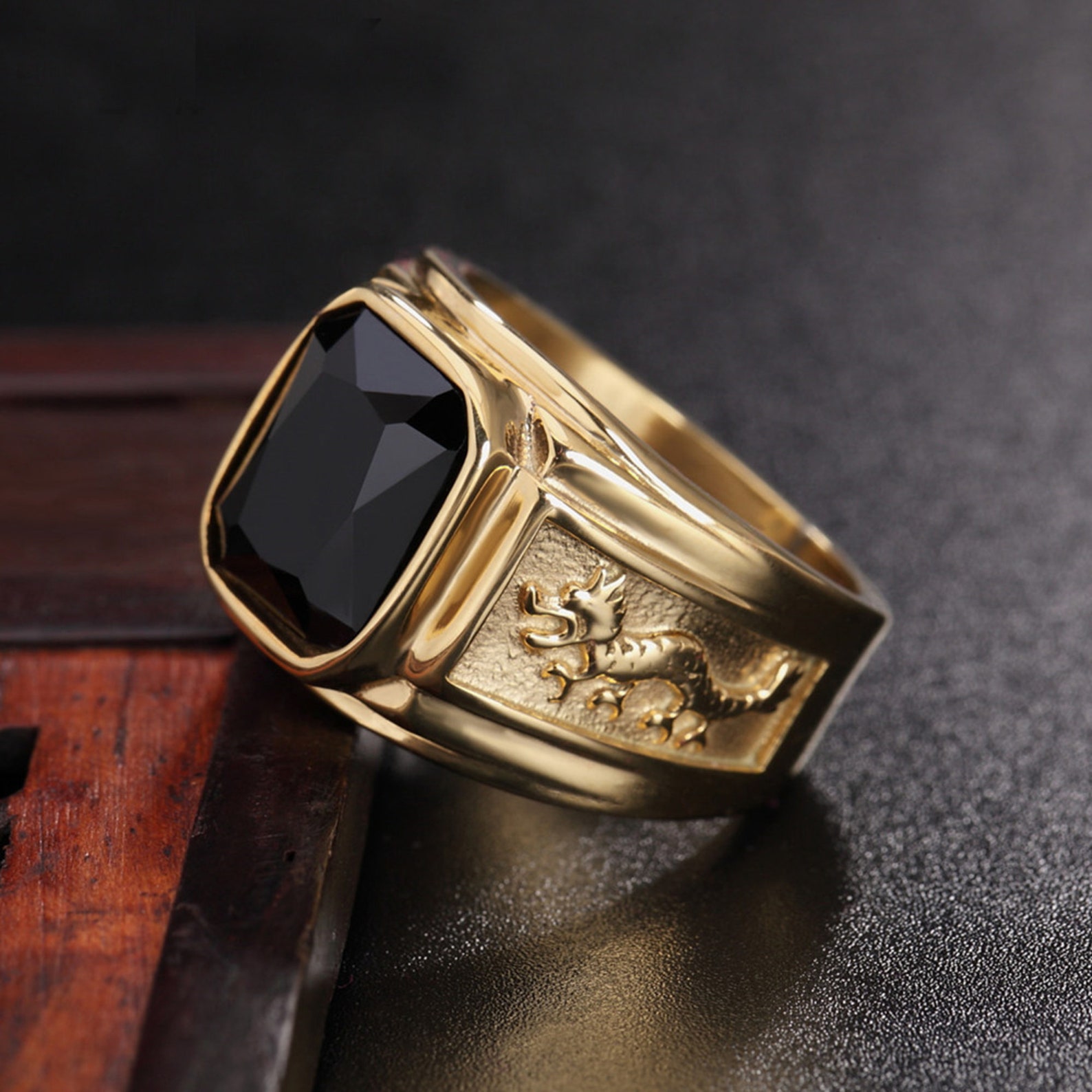 Dragon Square Ring Black Stone Ring Red Stone Ring Blue Stone Ring Pink ...