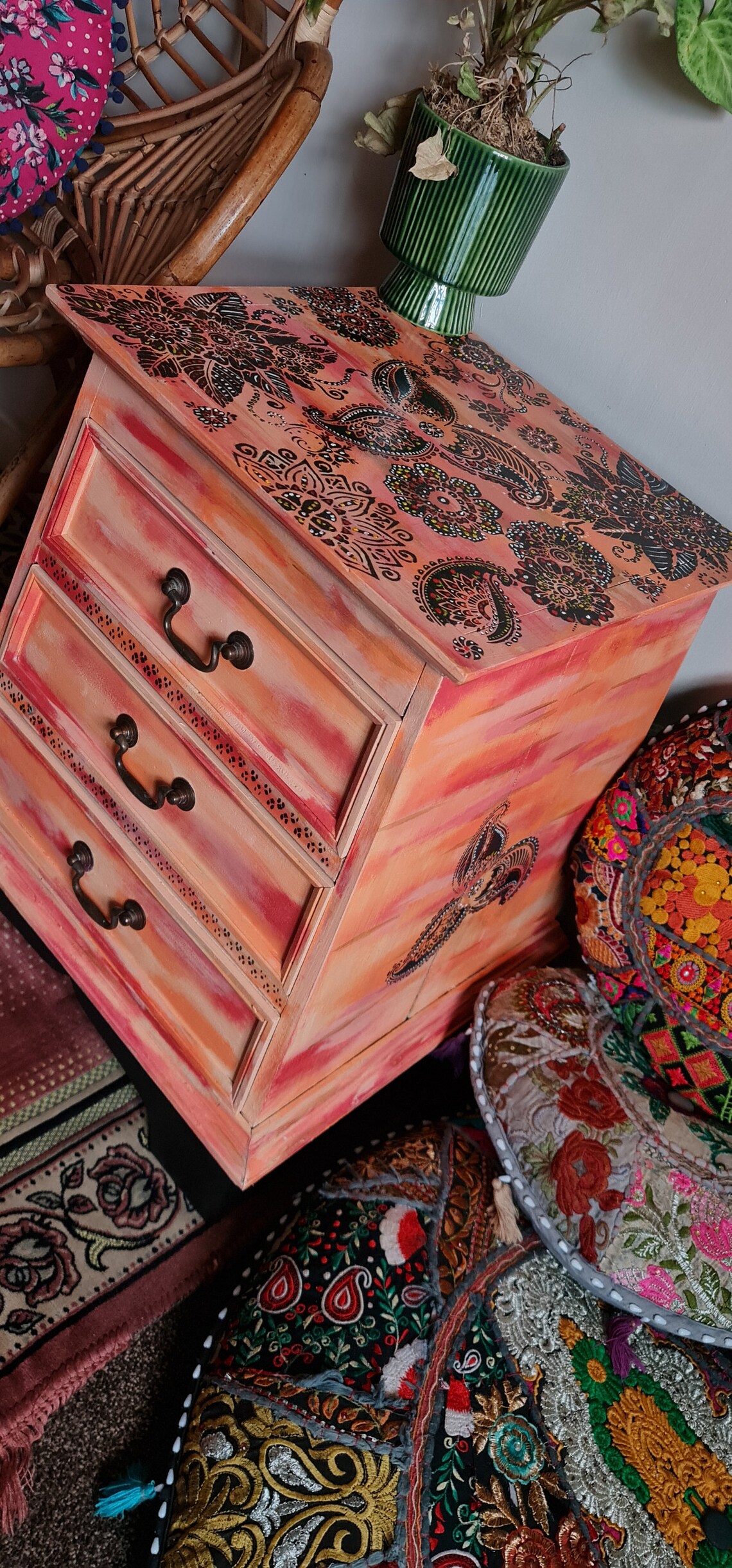 Sunset Trapezoid Drawer Unit With Eastern Hand-painted Henna Designs - Etsy