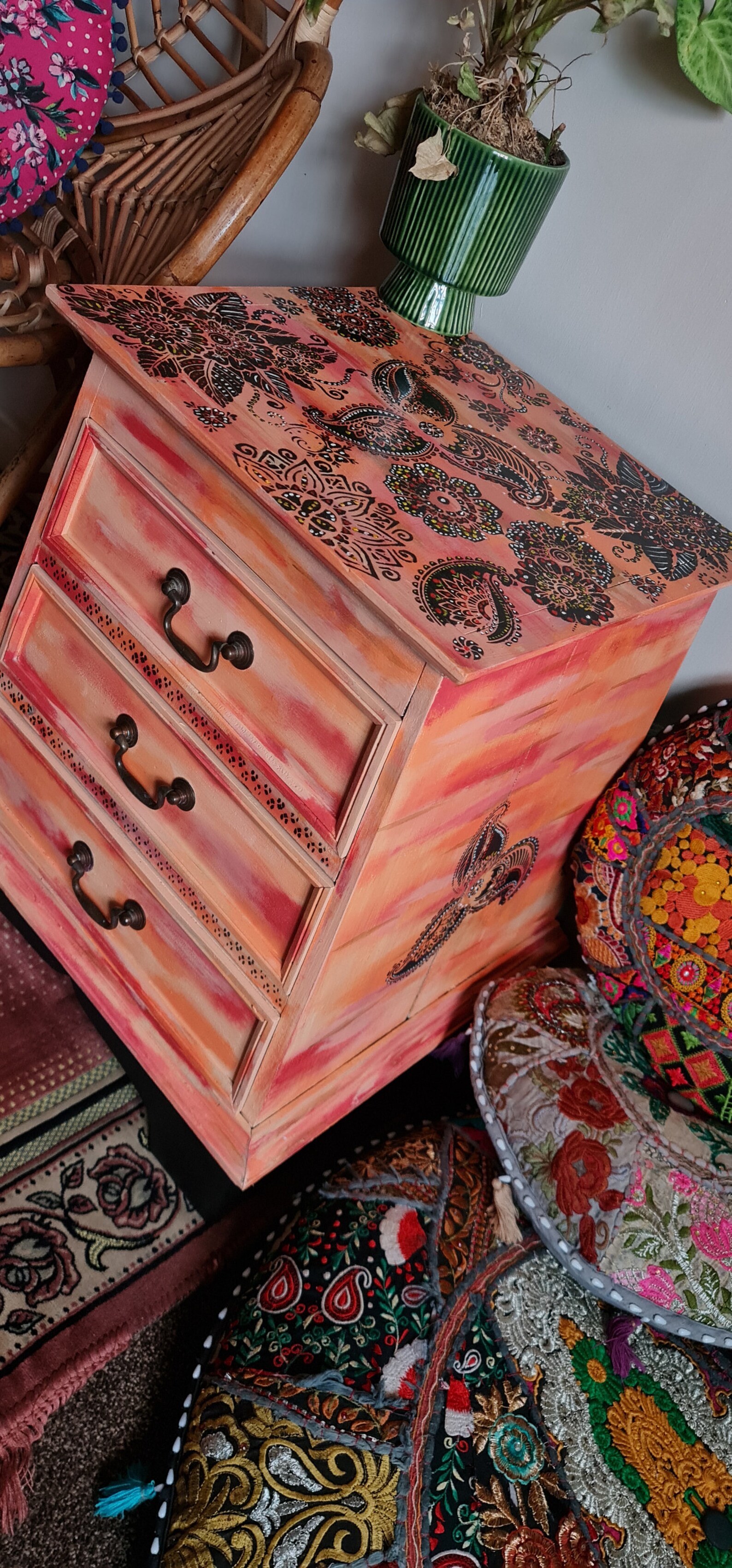 Sunset Trapezoid Drawer Unit With Eastern Hand-painted Henna Designs - Etsy