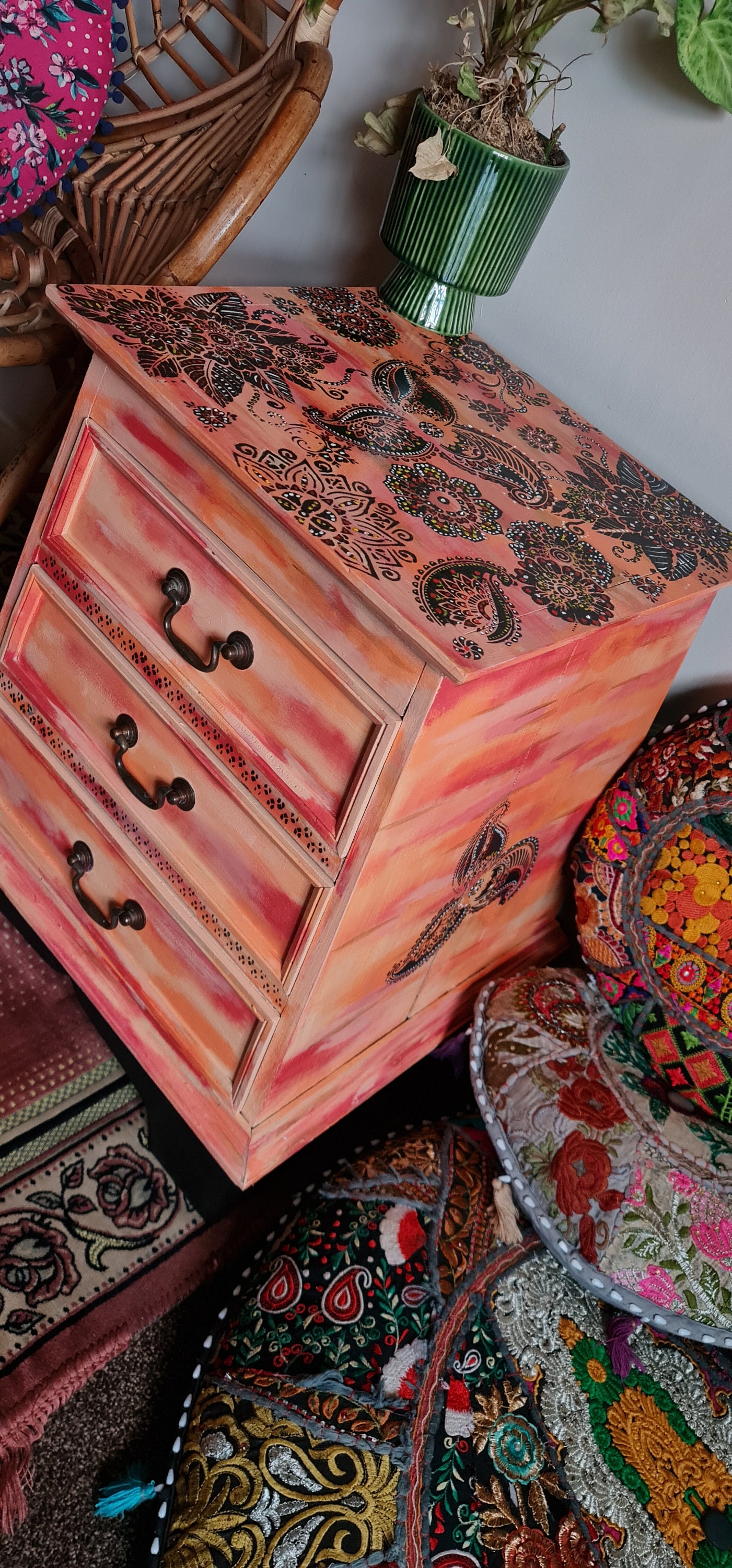 Sunset Trapezoid Drawer Unit With Eastern Hand-painted Henna Designs - Etsy
