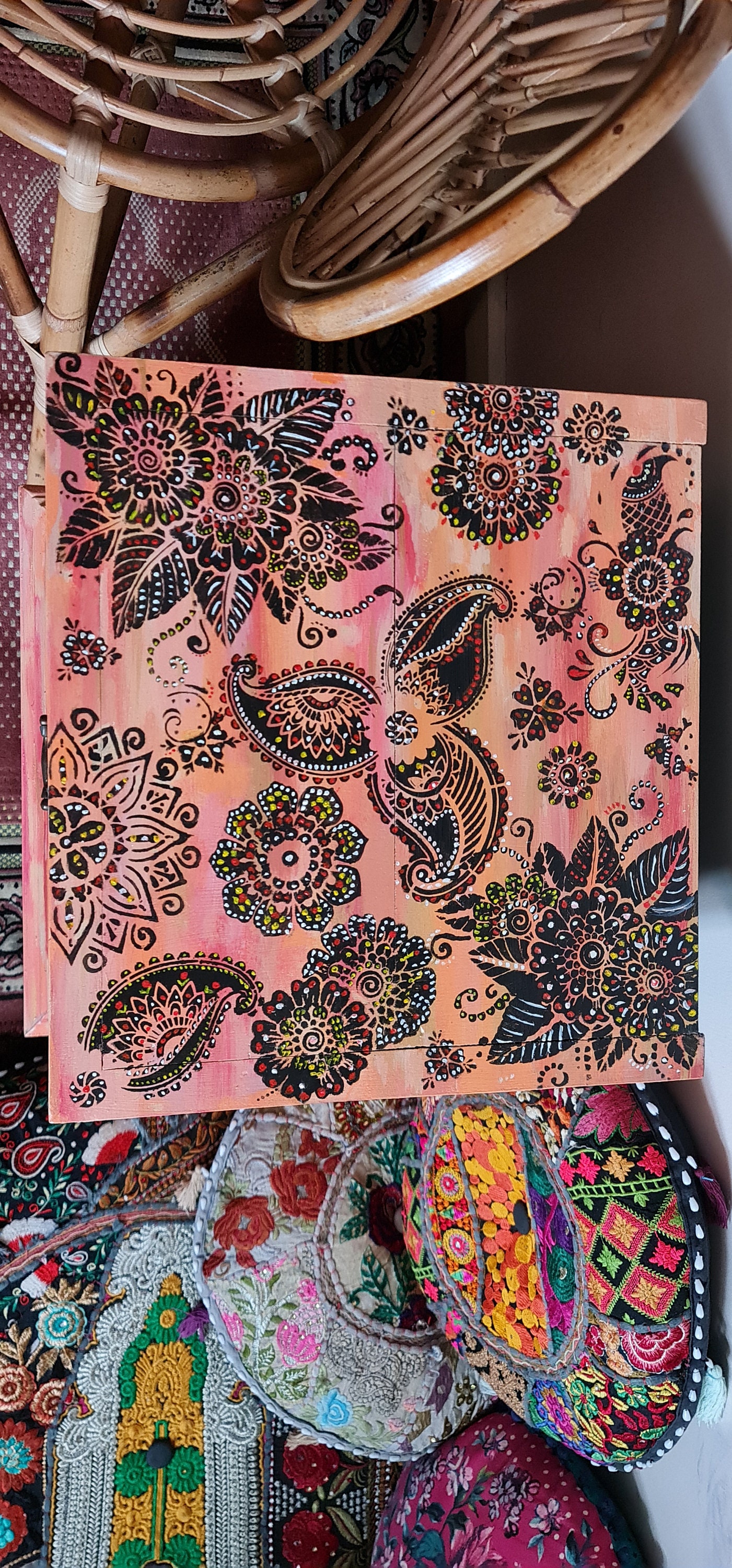Sunset Trapezoid Drawer Unit With Eastern Hand-painted Henna Designs - Etsy