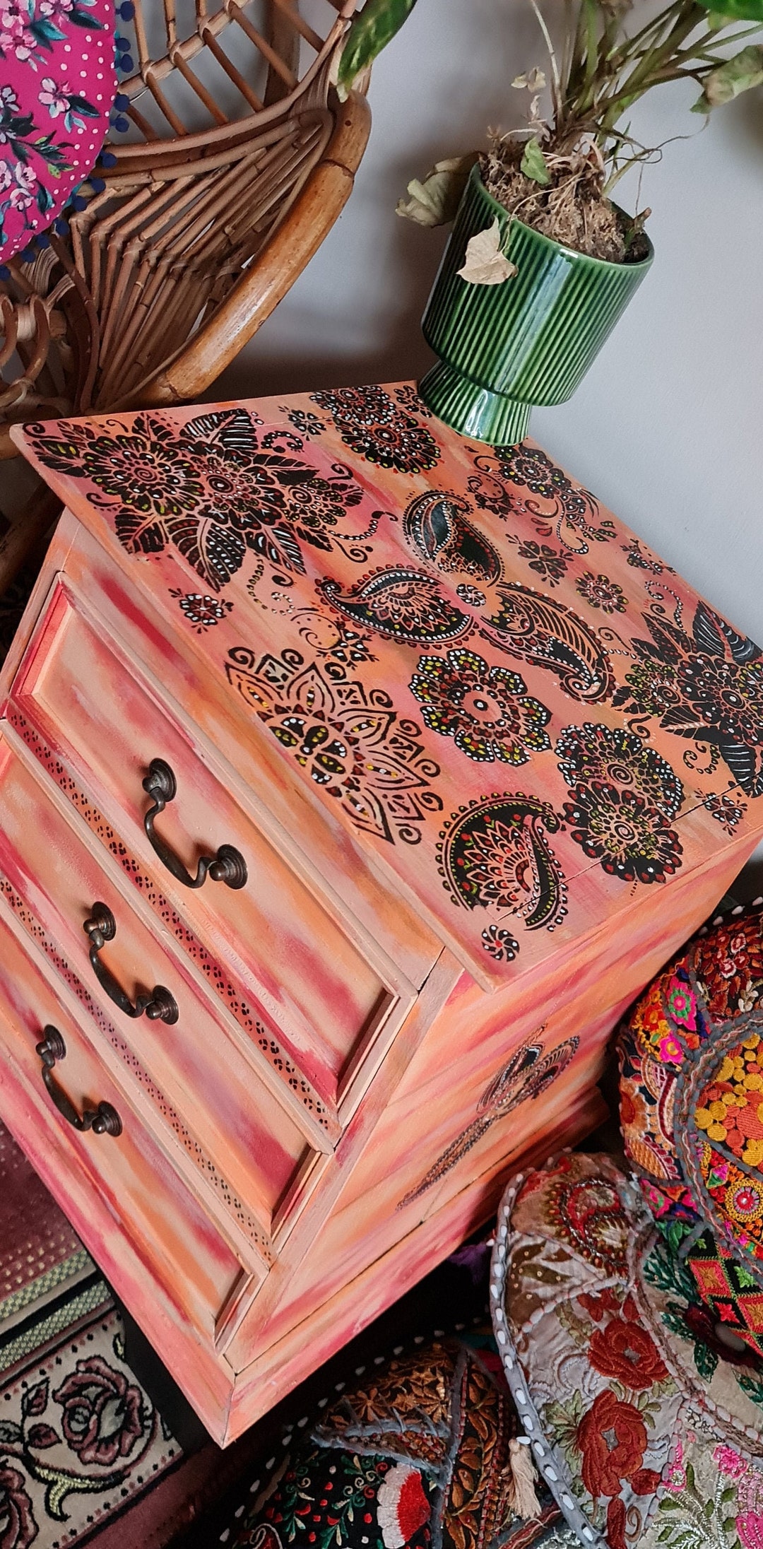 Sunset Trapezoid Drawer Unit With Eastern Hand-painted Henna Designs - Etsy