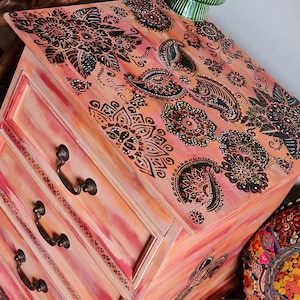 Sunset Trapezoid Drawer Unit With Eastern Hand-painted Henna Designs - Etsy