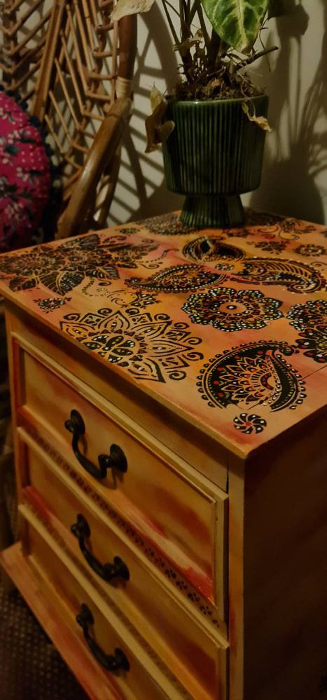 Sunset Trapezoid Drawer Unit With Eastern Hand-painted Henna Designs - Etsy
