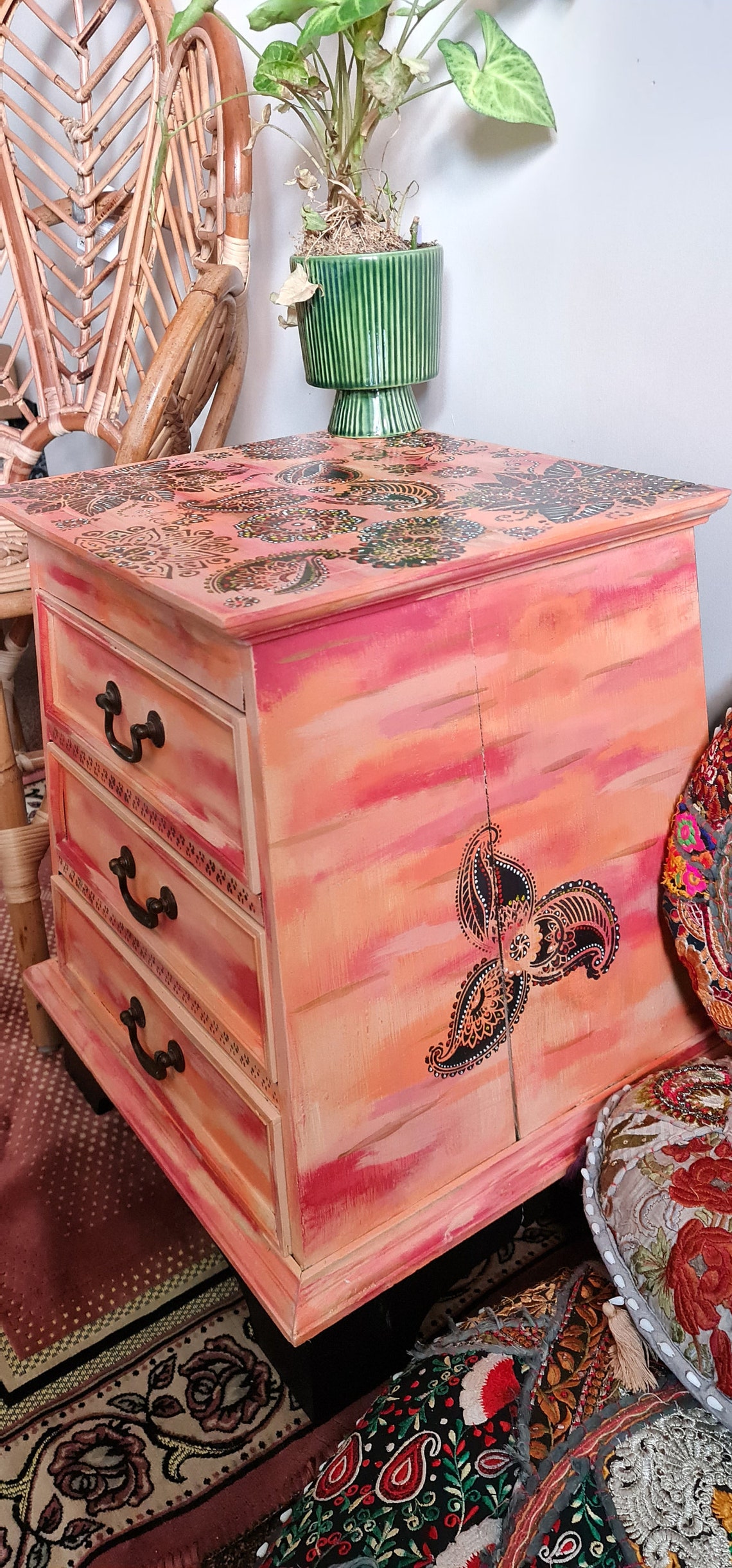 Sunset Trapezoid Drawer Unit With Eastern Hand-painted Henna Designs - Etsy