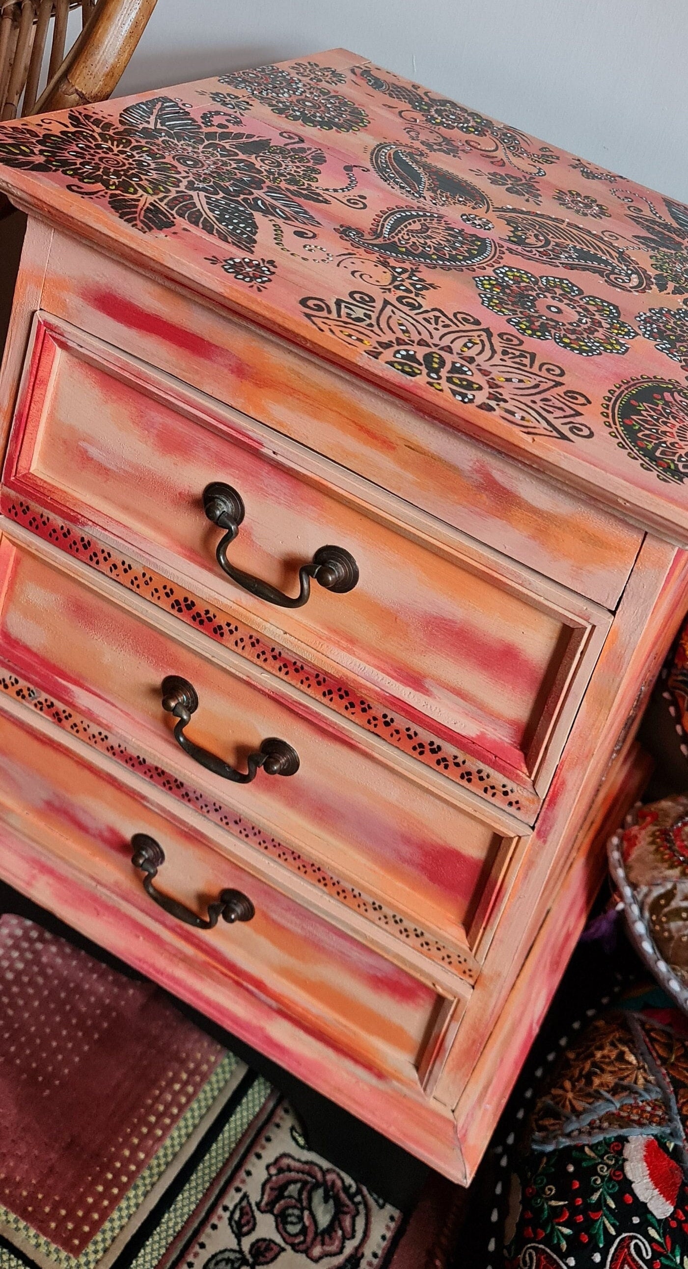Sunset Trapezoid Drawer Unit With Eastern Hand-painted Henna Designs - Etsy