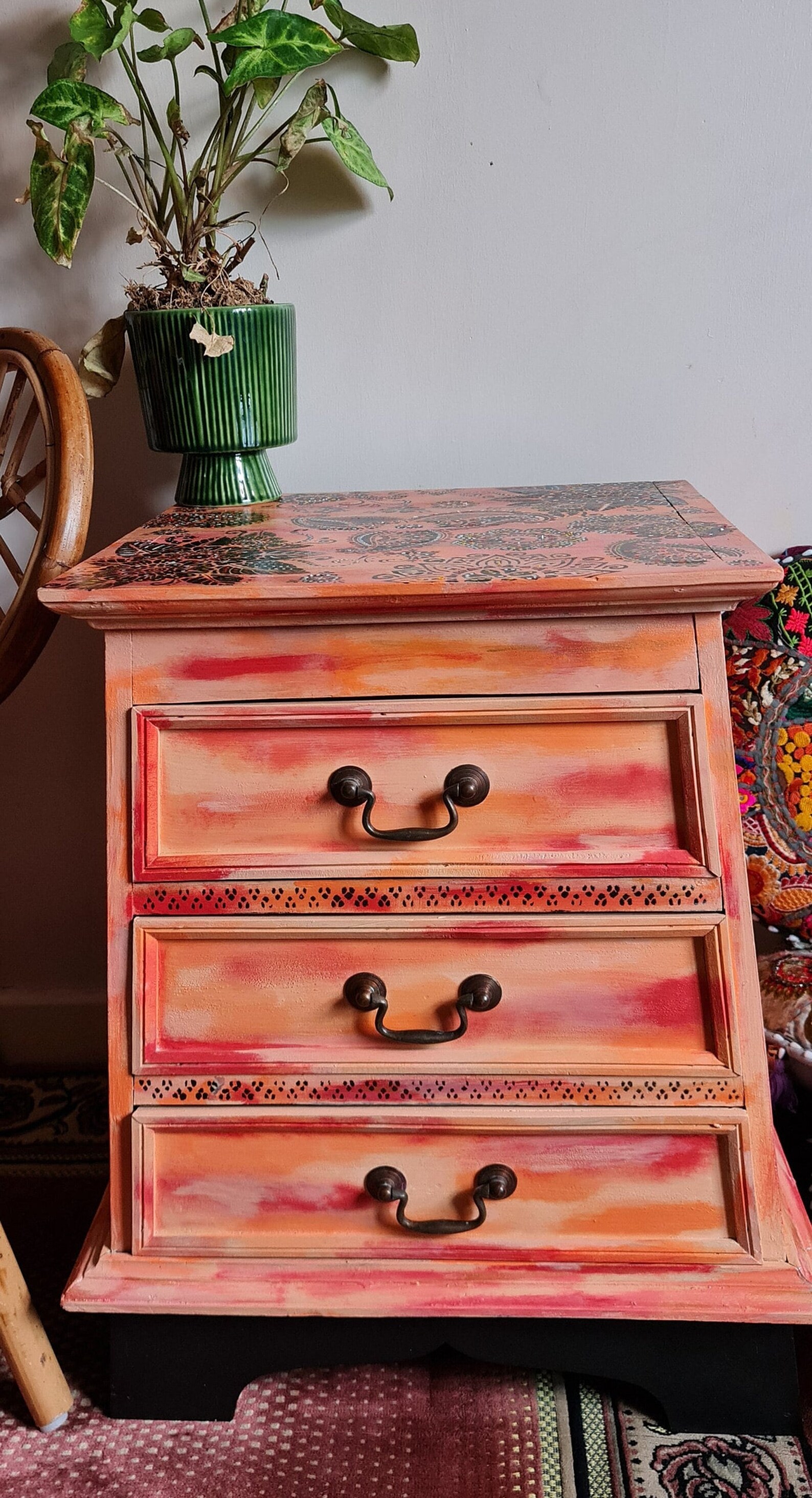 Sunset Trapezoid Drawer Unit With Eastern Hand-painted Henna Designs - Etsy