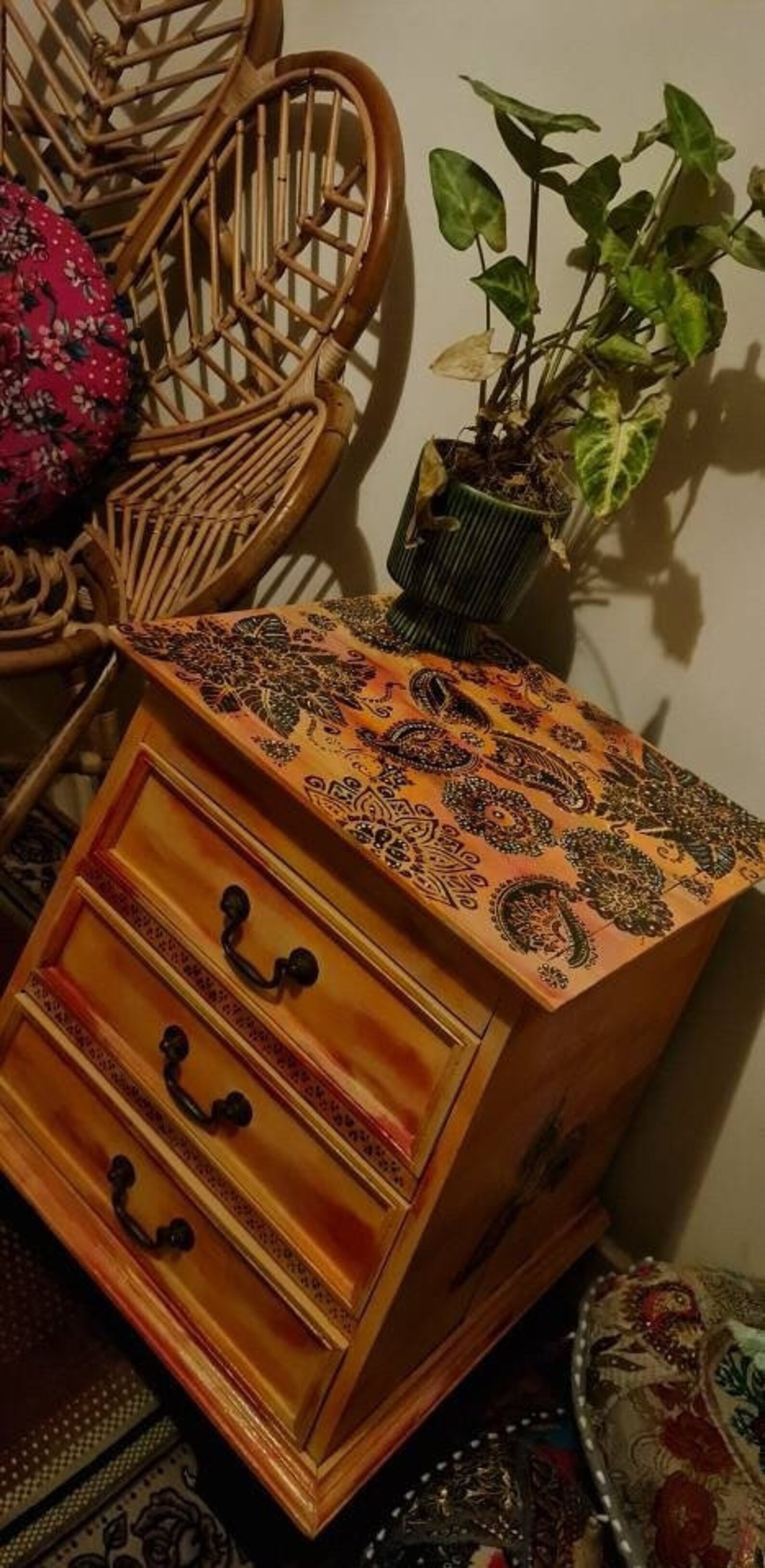 Sunset Trapezoid Drawer Unit With Eastern Hand-painted Henna Designs - Etsy