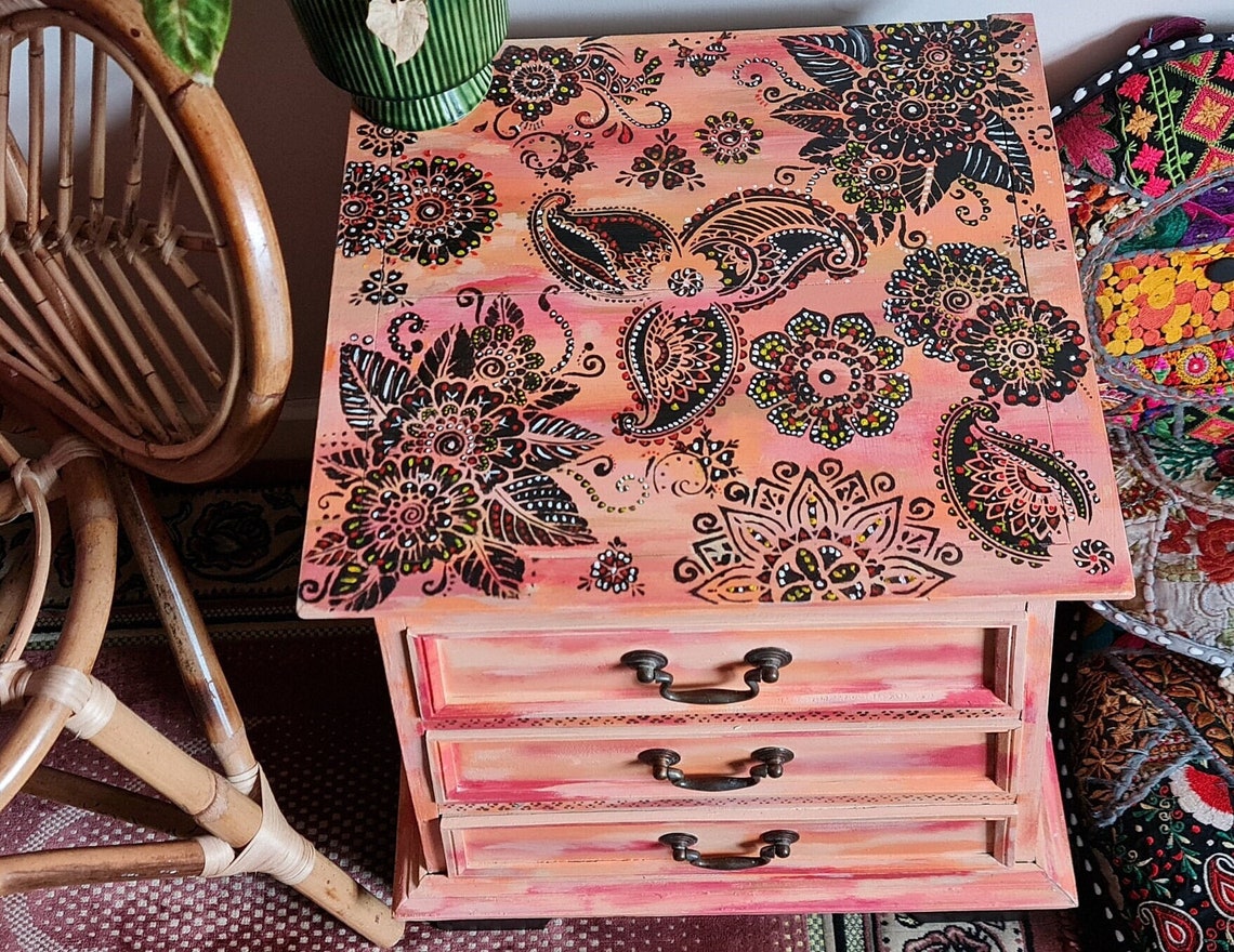 Sunset Trapezoid Drawer Unit With Eastern Hand-painted Henna Designs - Etsy