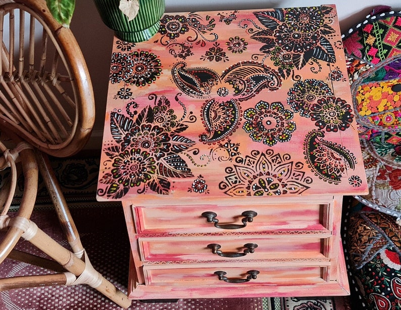 Sunset Trapezoid Drawer Unit With Eastern Hand-painted Henna Designs - Etsy
