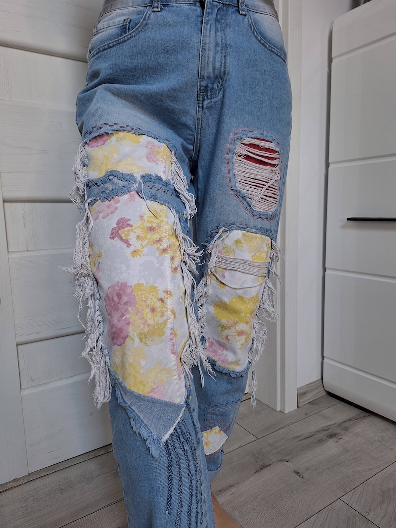 Patched Reworked Ripped Jeans Pants With Patches Recycled Upcycled Like ...