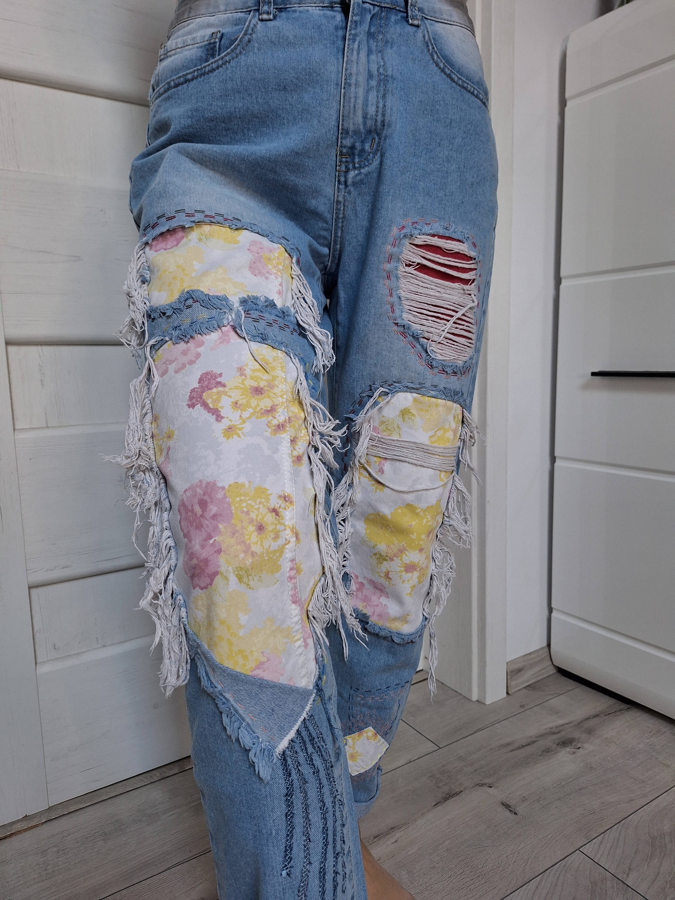 Patched Reworked Ripped Jeans Pants With Patches Recycled Upcycled Like ...