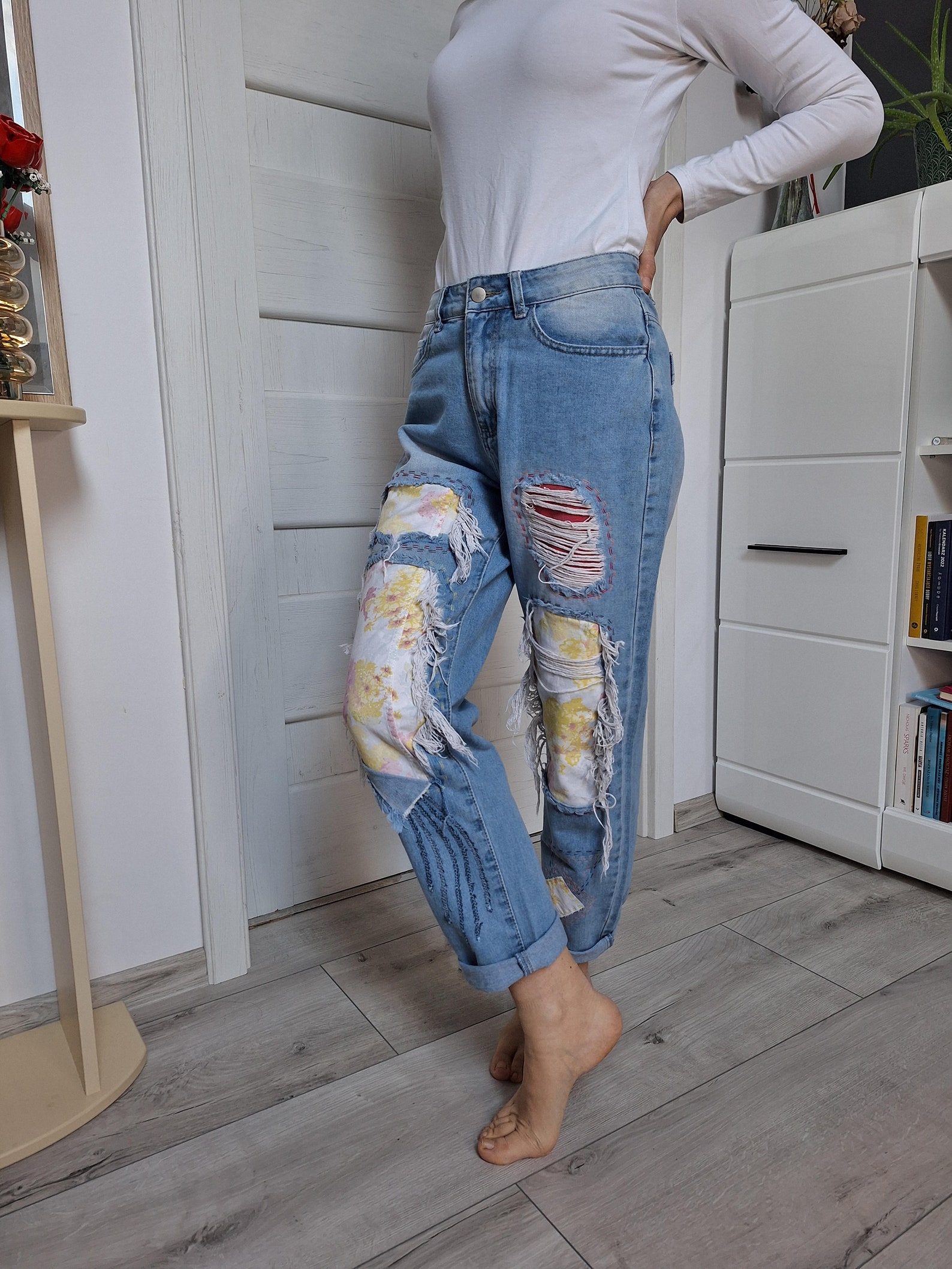 Patched Reworked Ripped Jeans Pants With Patches Recycled Upcycled Like ...