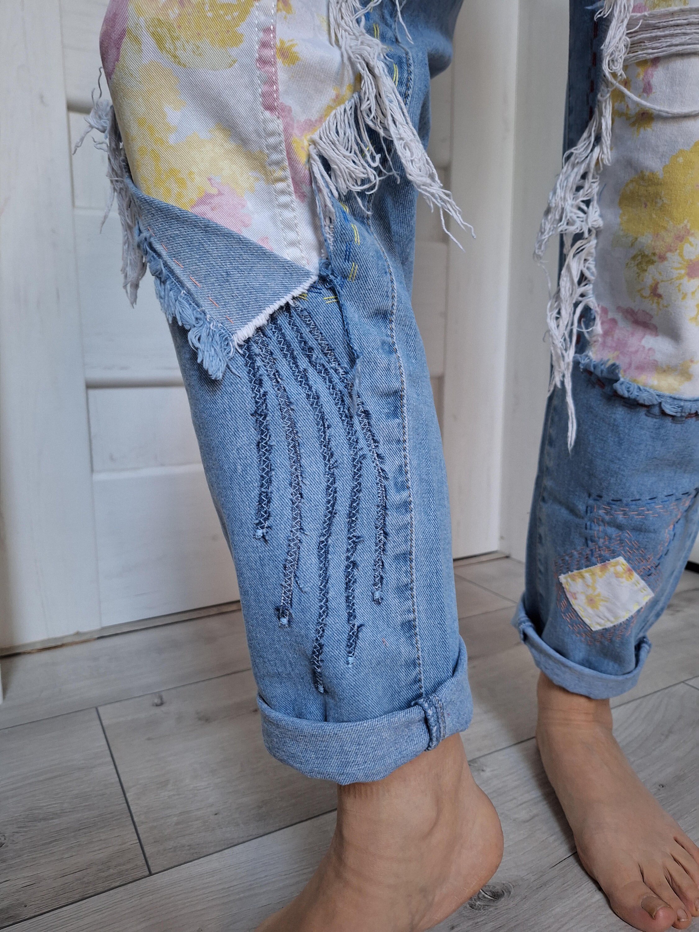 Patched Reworked Ripped Jeans Pants With Patches Recycled Upcycled Like ...