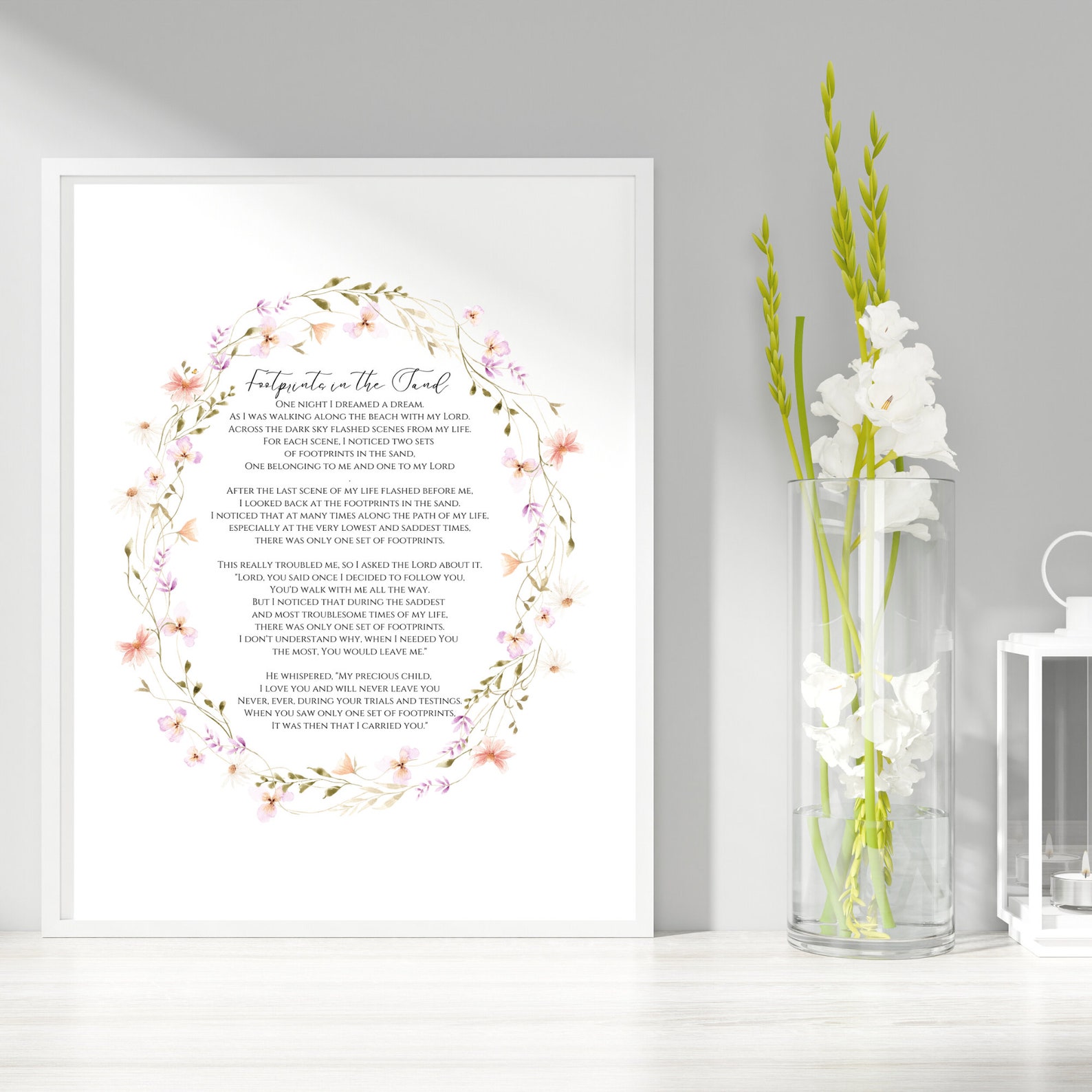 Footprints in the Sand Print | INSTANT DOWNLOAD | Flower Bible Verse ...