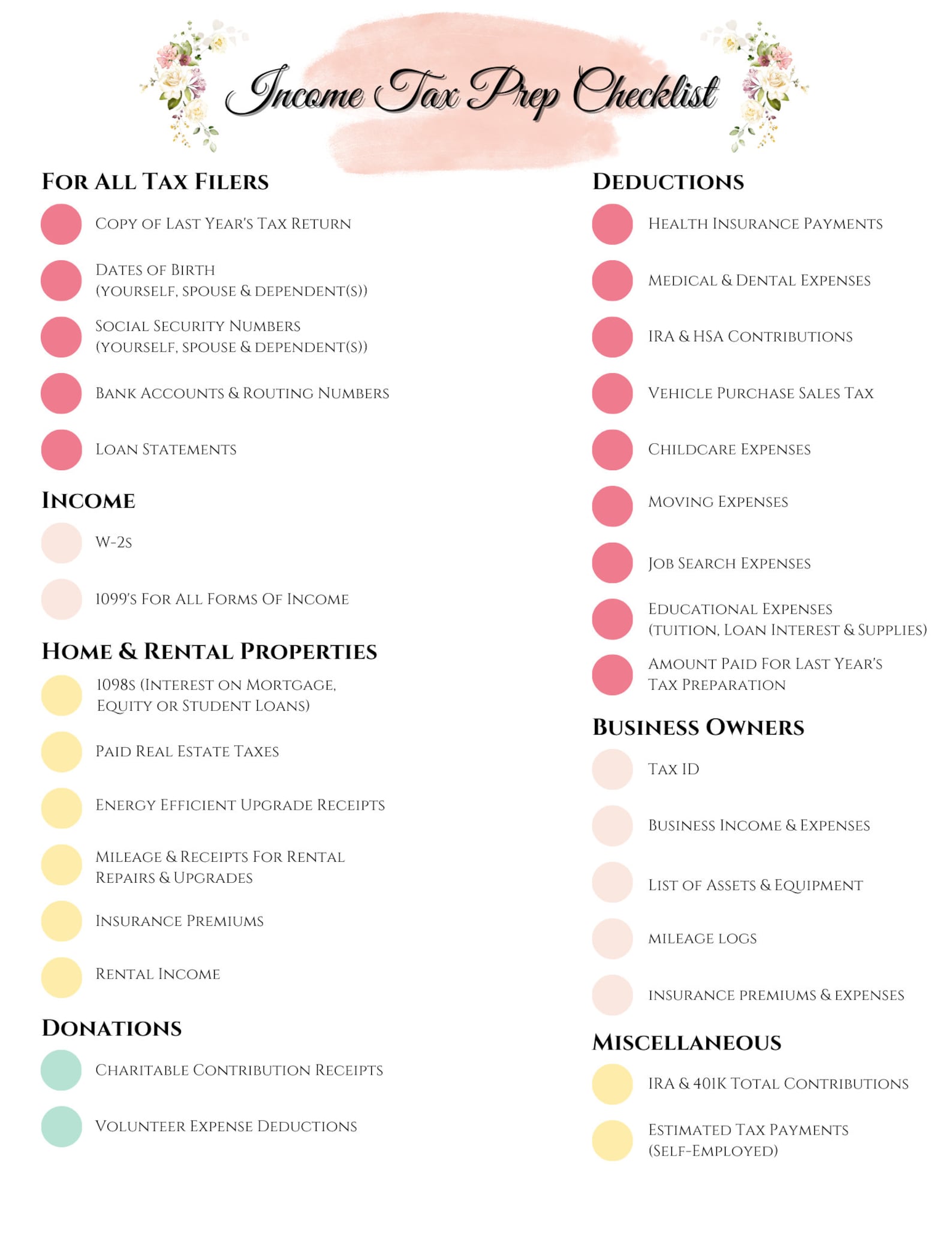 Income Tax Prep Checklist 8.5 X 11 Income Tax - Etsy