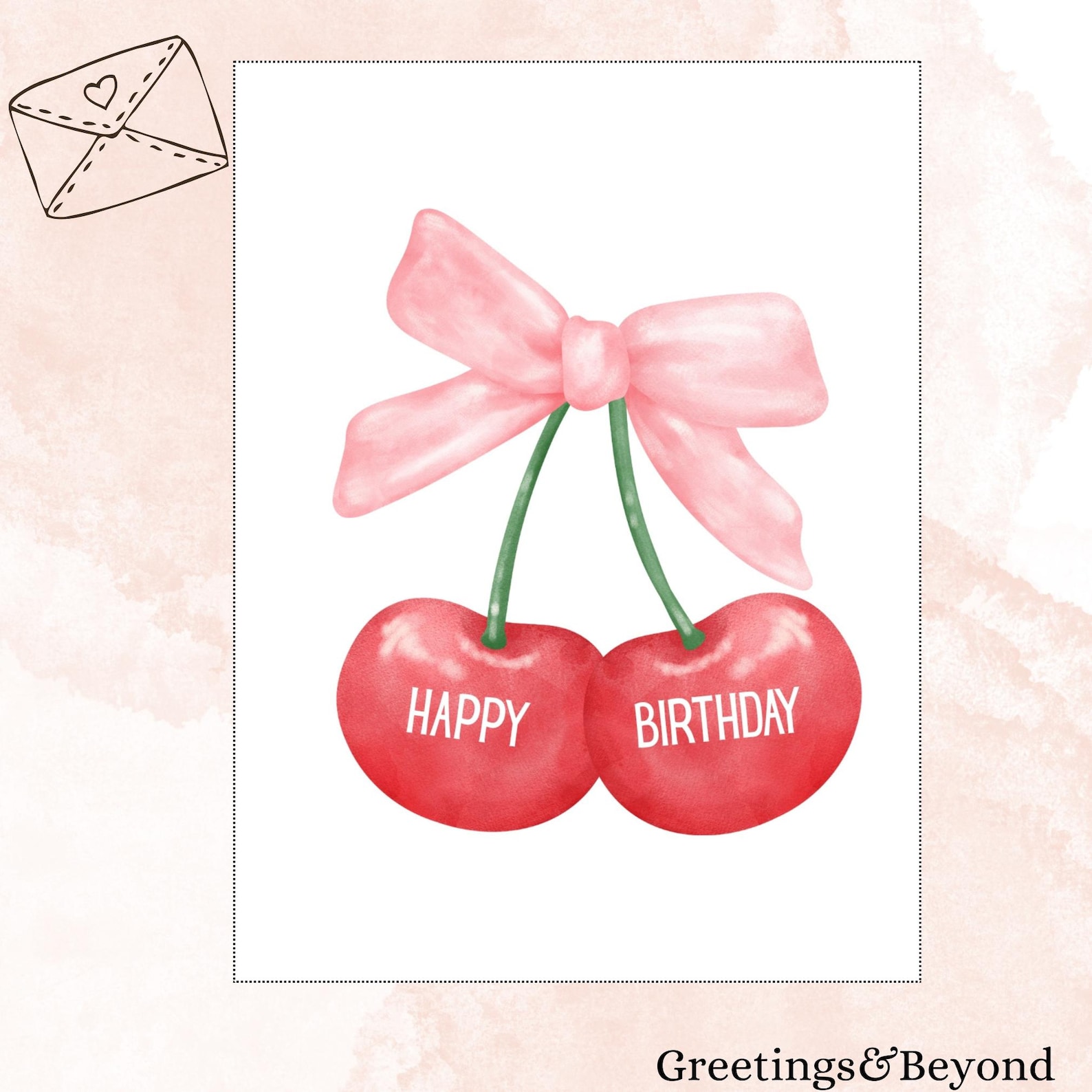 Pink Cherry Birthday Card With Bow - 5x7 Printable (digital Download ...