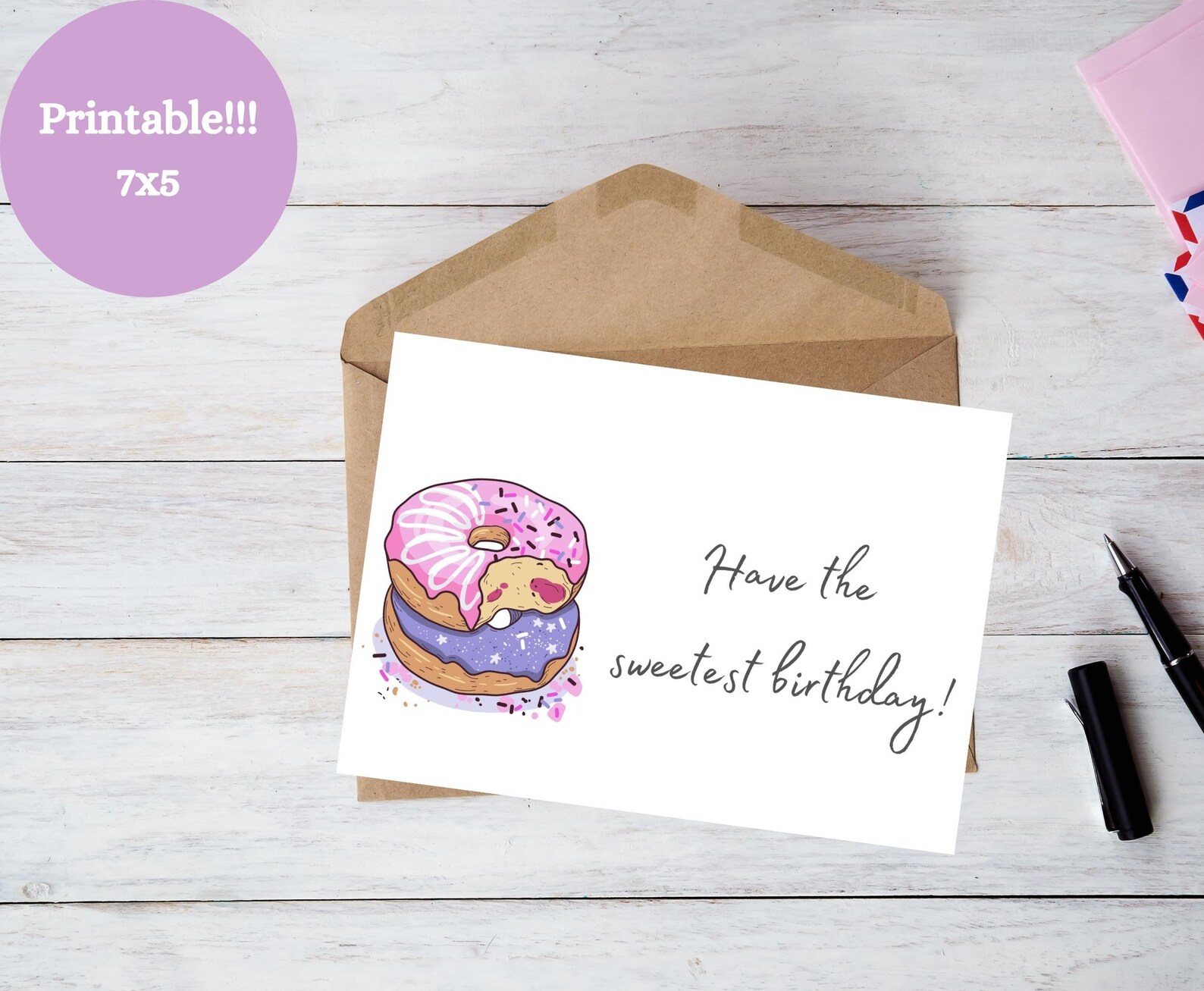 Printable Pink & Purple Donut Birthday Card L Digital Download L 7x5 L ...